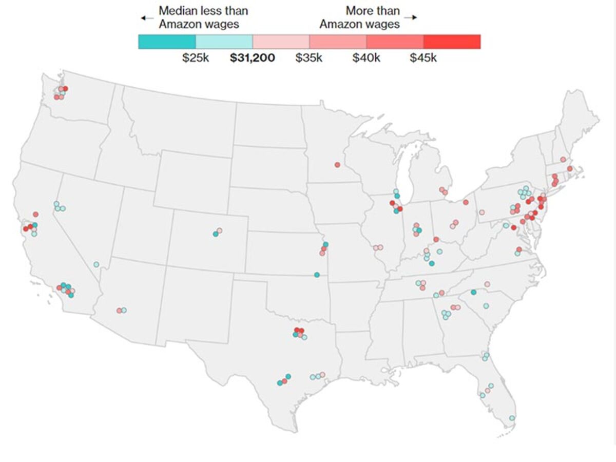 New Amazon Minimum Wage Is Below Median Pay in Most Areas - Bloomberg